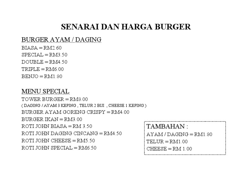 Senarai Dan Harga Burger | PDF