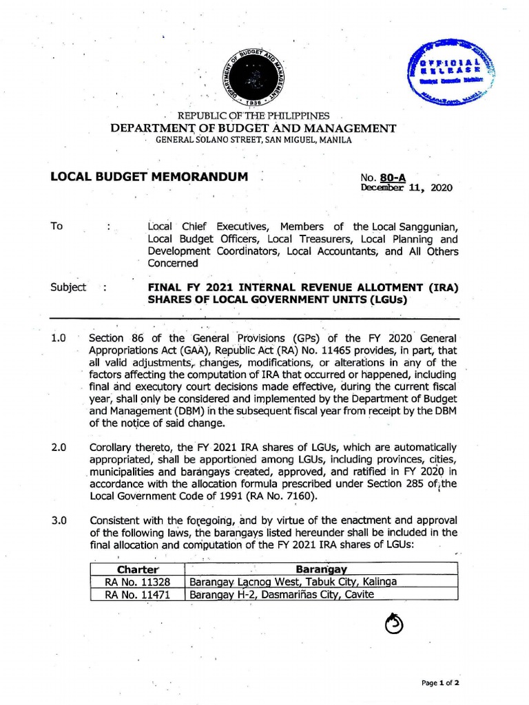 Local Budget Memorandum: - Republic OF THE Philippines Department OF ...