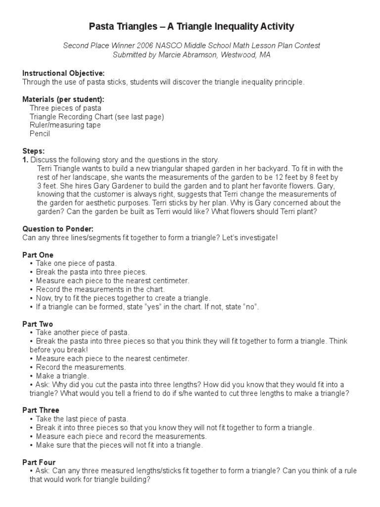 Math Pasta Triangles Lesson Plan | PDF | Teaching Methods & Materials