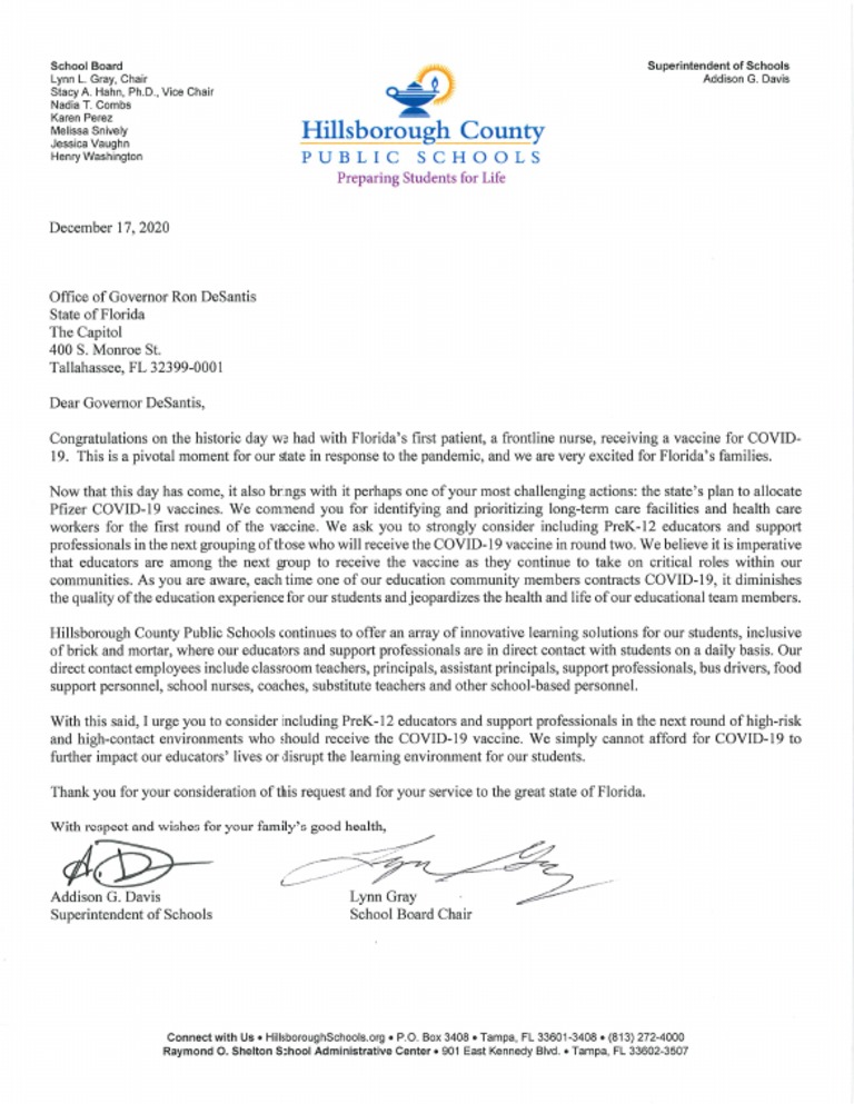 Hillsborough County Schools Letter To Gov. DeSantis | PDF