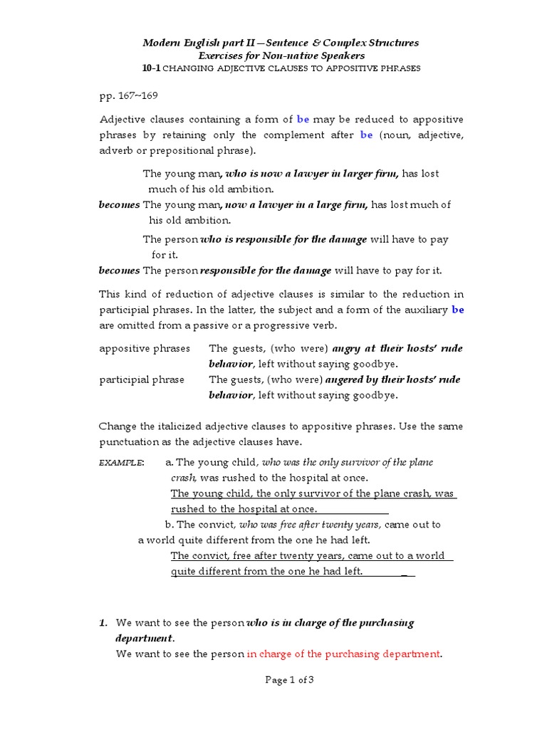 10-01 Changing Adjective Clauses To Appositive Phrases | PDF ...