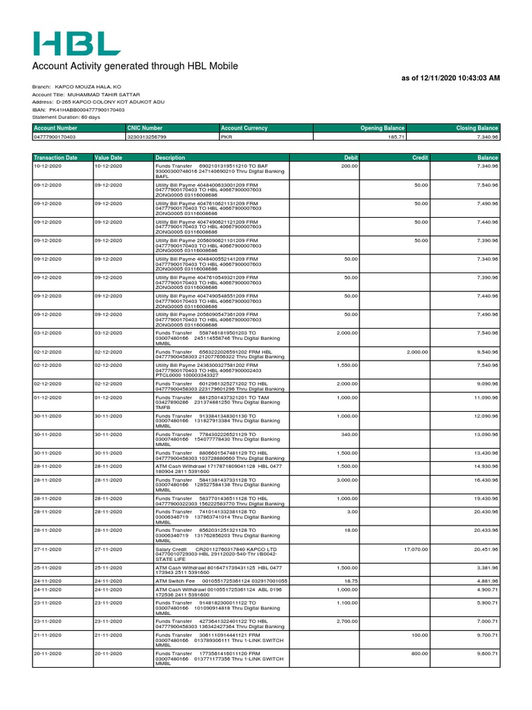 HBL Mobile Account Statement | PDF | Banking | Service Industries