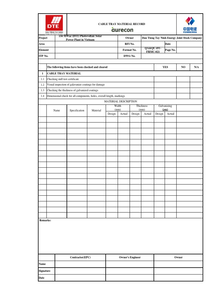 QA&QC-DT-FRMC-021 Cable Tray Material Record | PDF