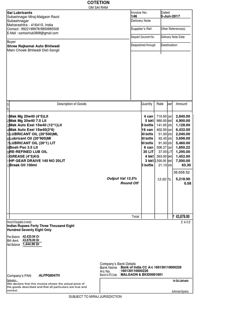 Sai Lubricants: Invoice No. Dated | PDF | Business