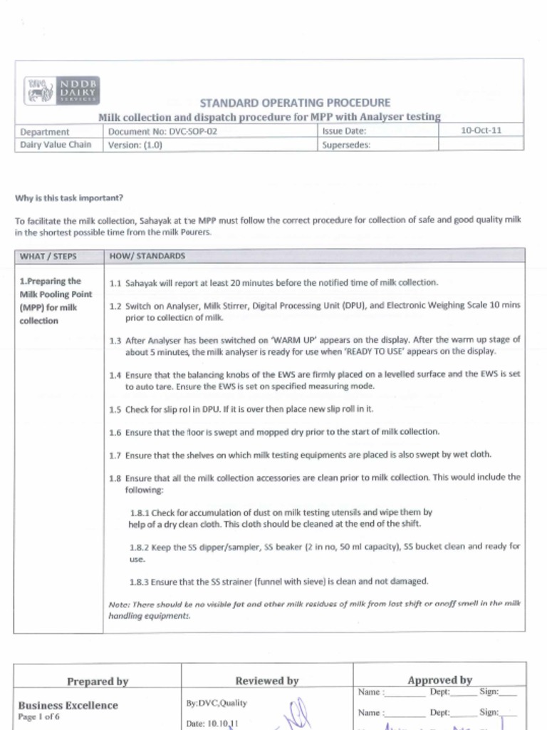 SOP For Milk Collection and Dispatch Procedure at Milk Pooling Point | PDF