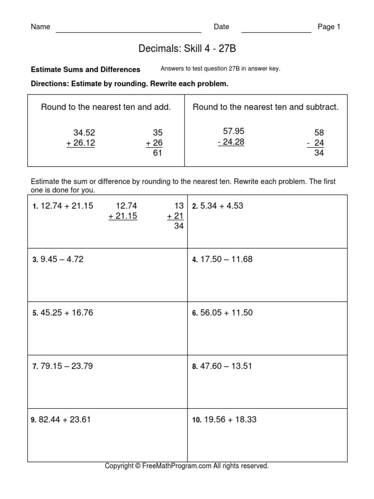 Decimals: Skill 4 - 27B: Estimate Sums and Differences Directions ...