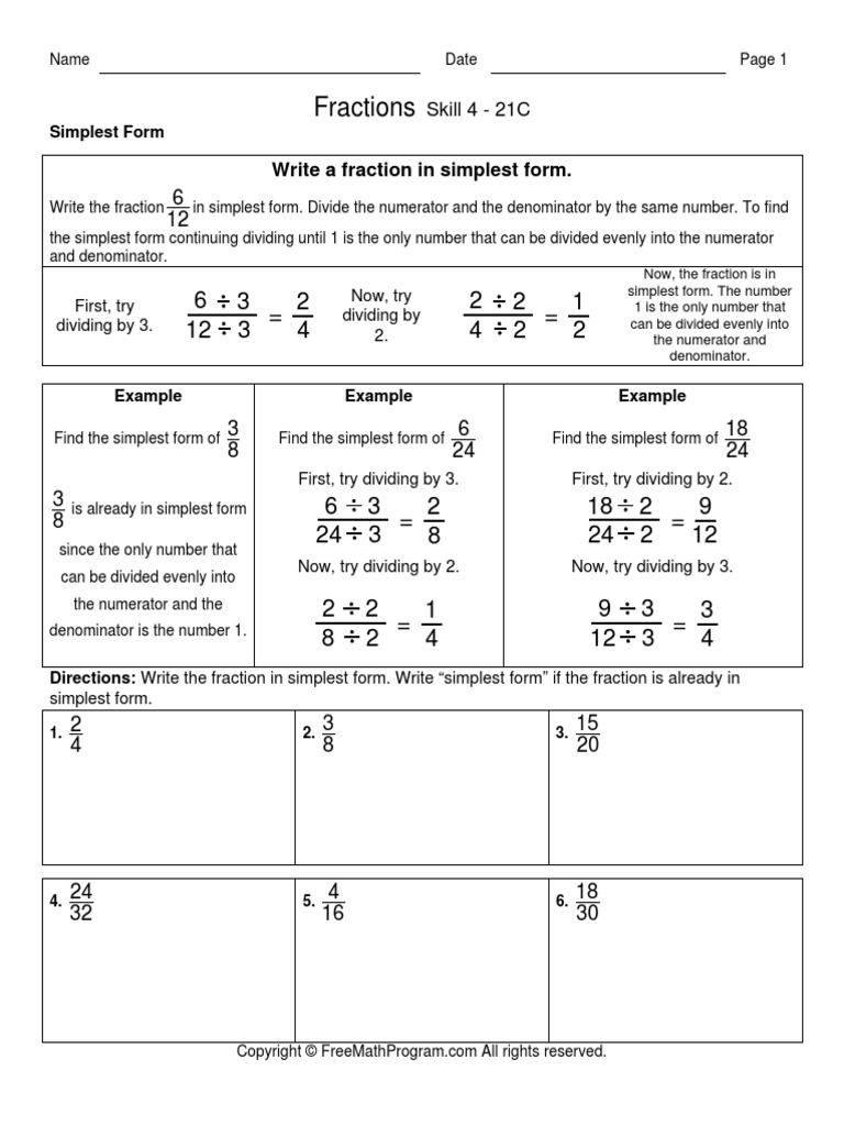 Fractions: Write A Fraction in Simplest Form | PDF | Fraction ...