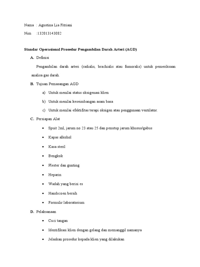 SOP Pengambilan Darah AGD | PDF