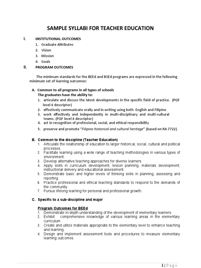 Sample Syllabi For Teacher Education - Final | PDF | Teacher Education ...