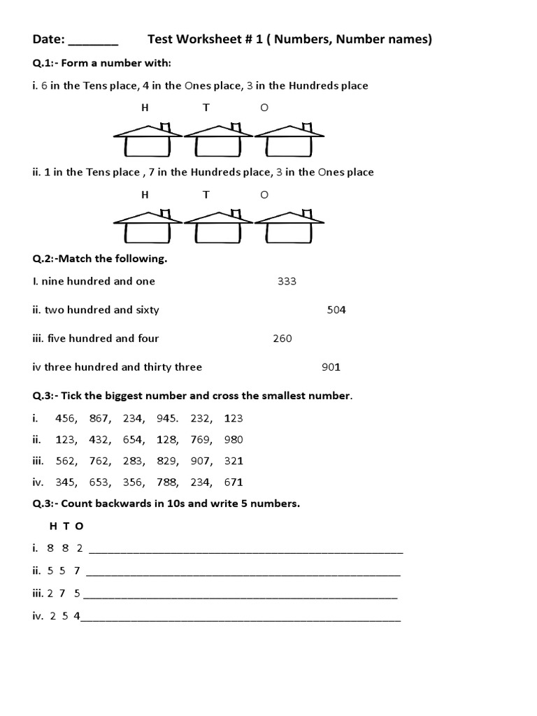 Date: - Test Worksheet # 1 (Numbers, Number Names) | Download Free PDF ...