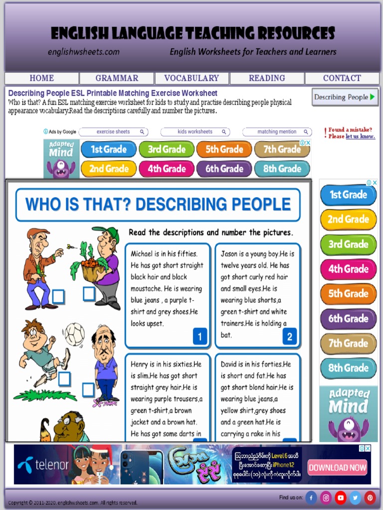 Describing People ESL Printable Matching Exercise Worksheet | PDF