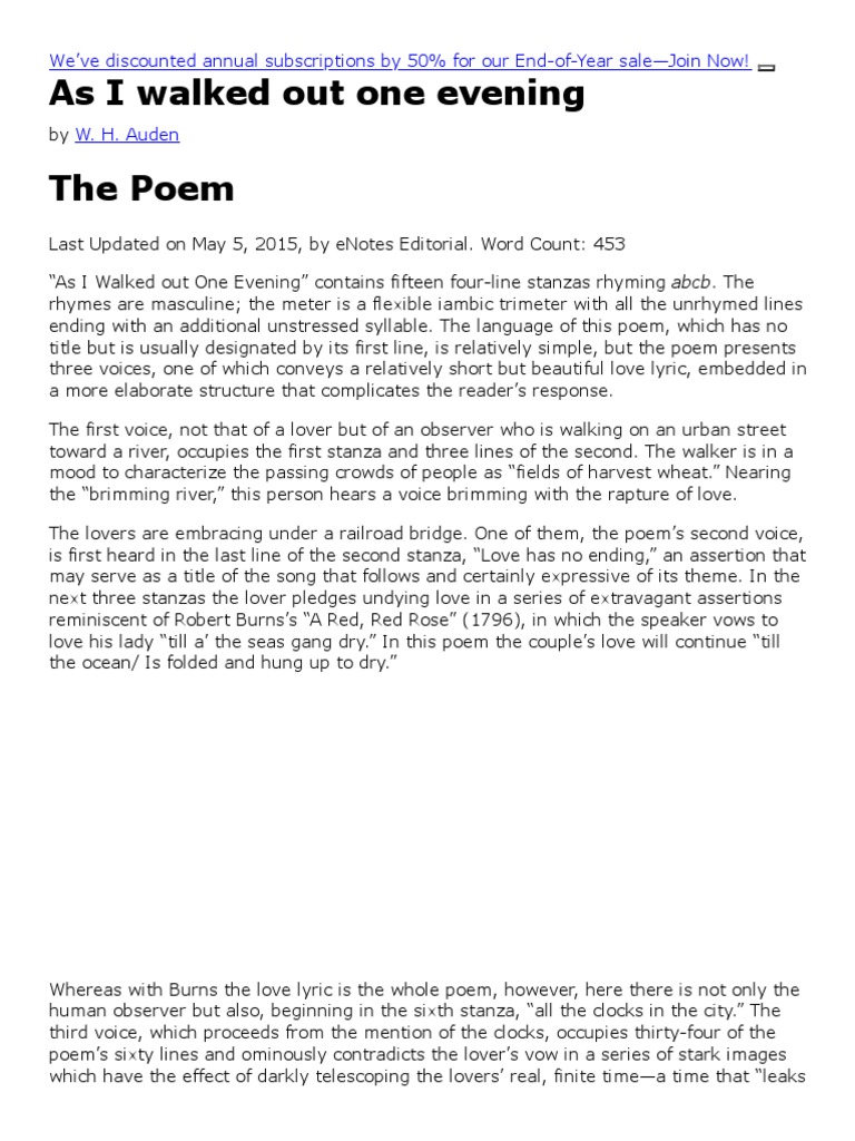 As I Walked Out One Evening Analysis | PDF | Irony | Poetry