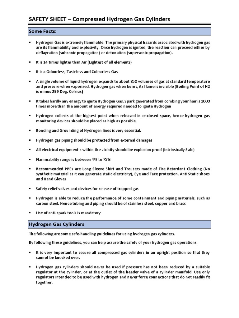 Safety Sheet - Use of Compressed Hydrogen Gas Cylinder | PDF | Gases ...