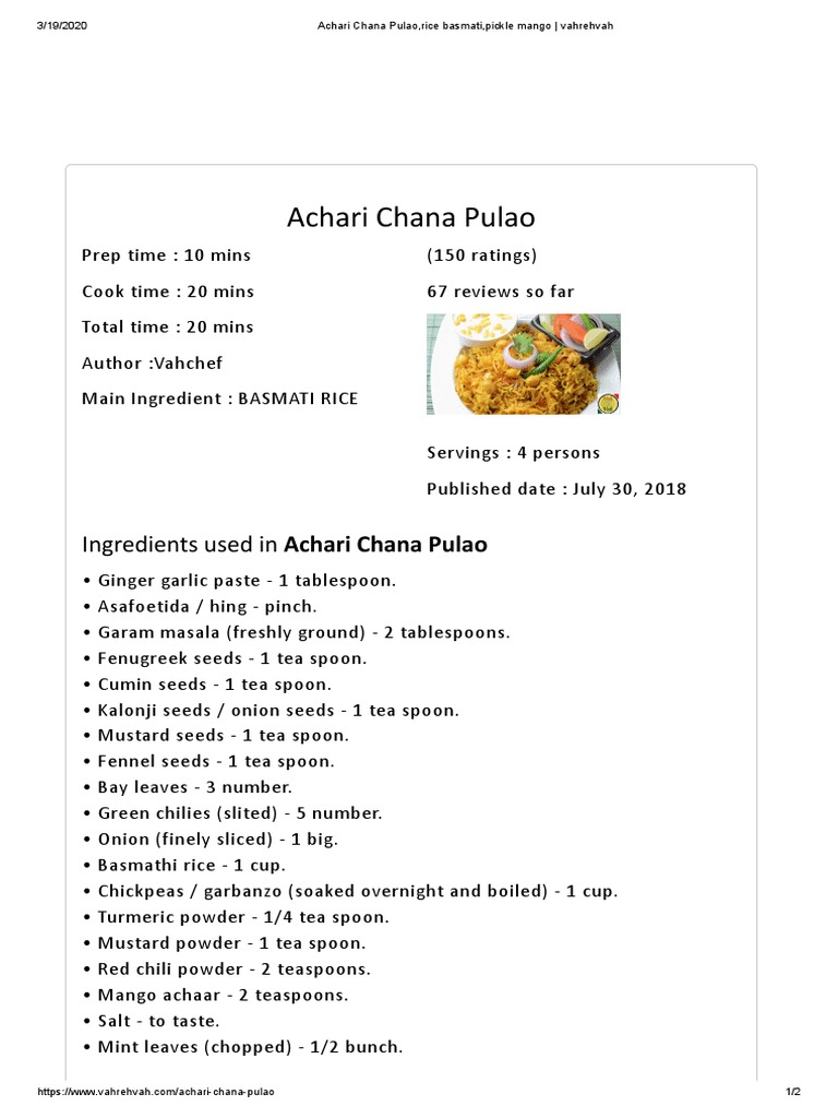 Achari Chana Pulao, Rice Basmati, Pickle Mango - Vahrehvah | PDF ...