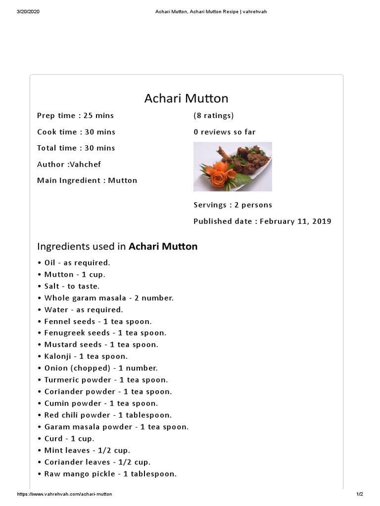 Achari Mutton, Achari Mutton Recipe - Vahrehvah | PDF | Coriander | Spoon