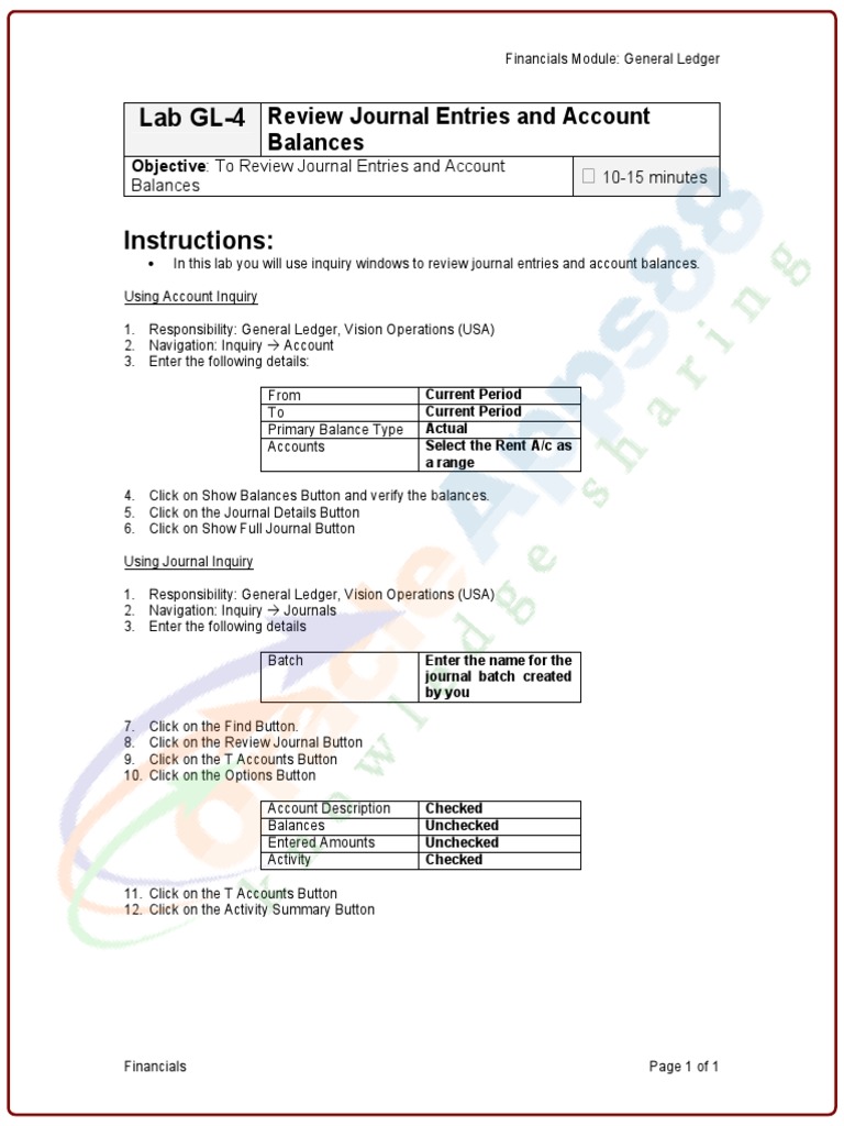 Lab GL-4: Review Journal Entries and Account Balances | PDF | Finance ...