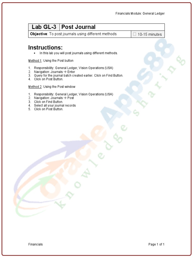 Lab GL-3 Post Journal: Objective: To Post Journals Using Different ...
