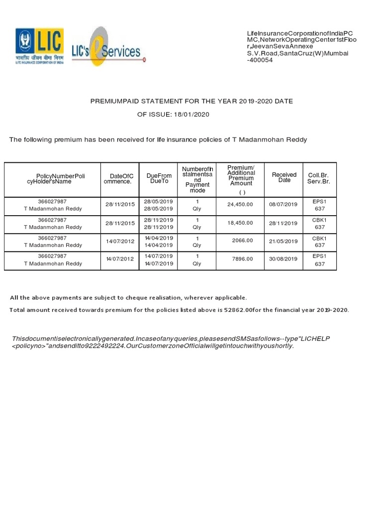 Life insurance premium statement | PDF | Services (Economics ...