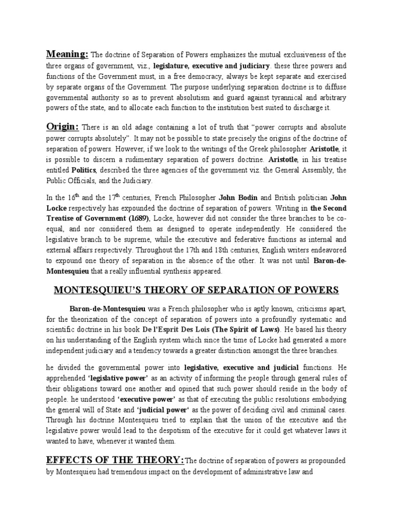 Montesquieu's Theory of Separation of Powers | PDF | Separation Of ...