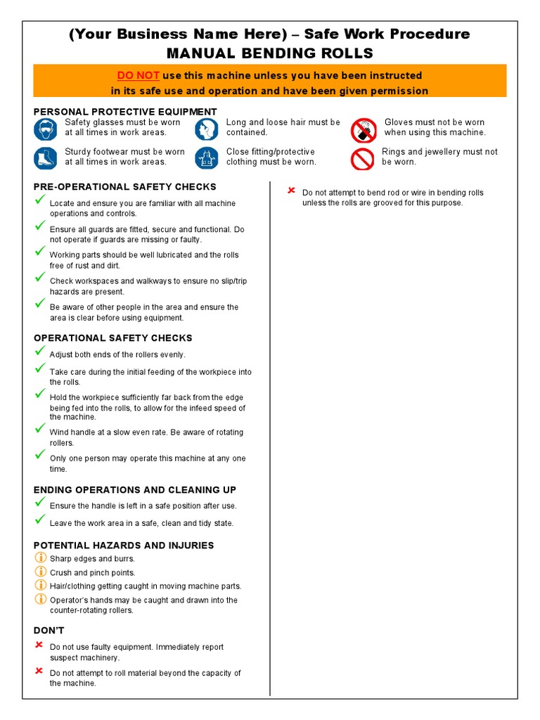 (Your Business Name Here) - Safe Work Procedure Manual Bending Rolls ...