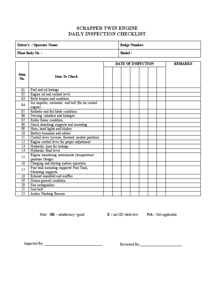 Scrapper Twin Engine Daily Inspection Checklist | PDF
