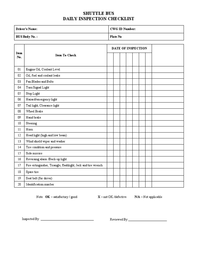 Shuttle Bus Daily Inspection Cheecklist | PDF