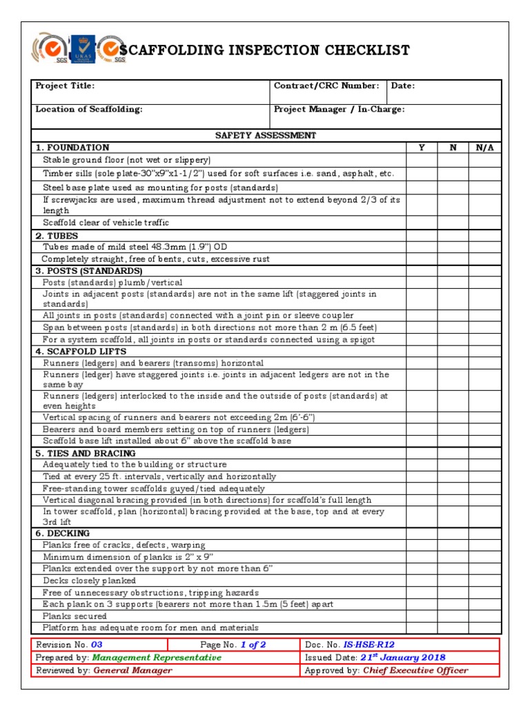 Scaffolding Safety Inspection Checklist | PDF | Scaffolding | Equipment