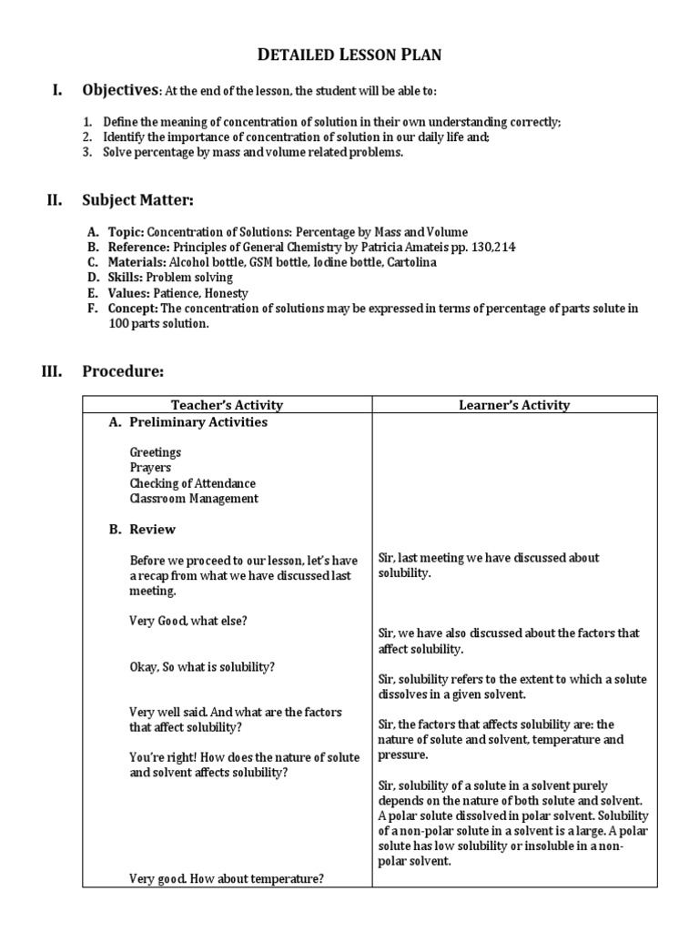 High School Chemistry: Solutions Lesson Plan | PDF | Solution | Solubility