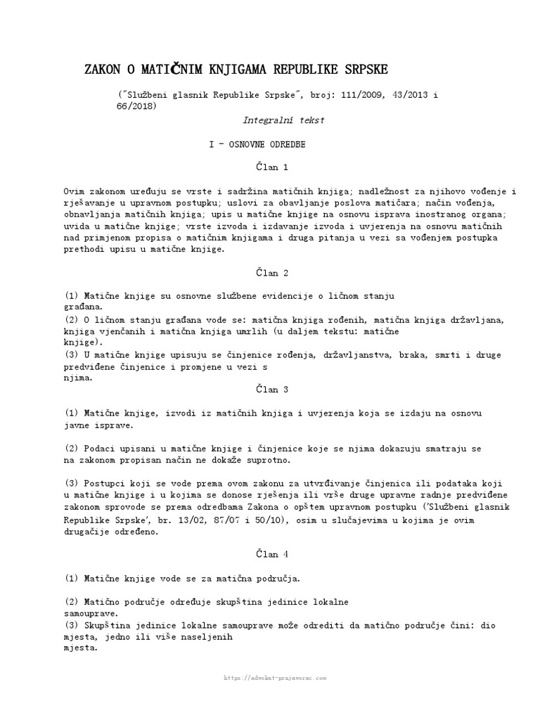 Zakon o Maticnim Knjigama Republike Srpske | PDF
