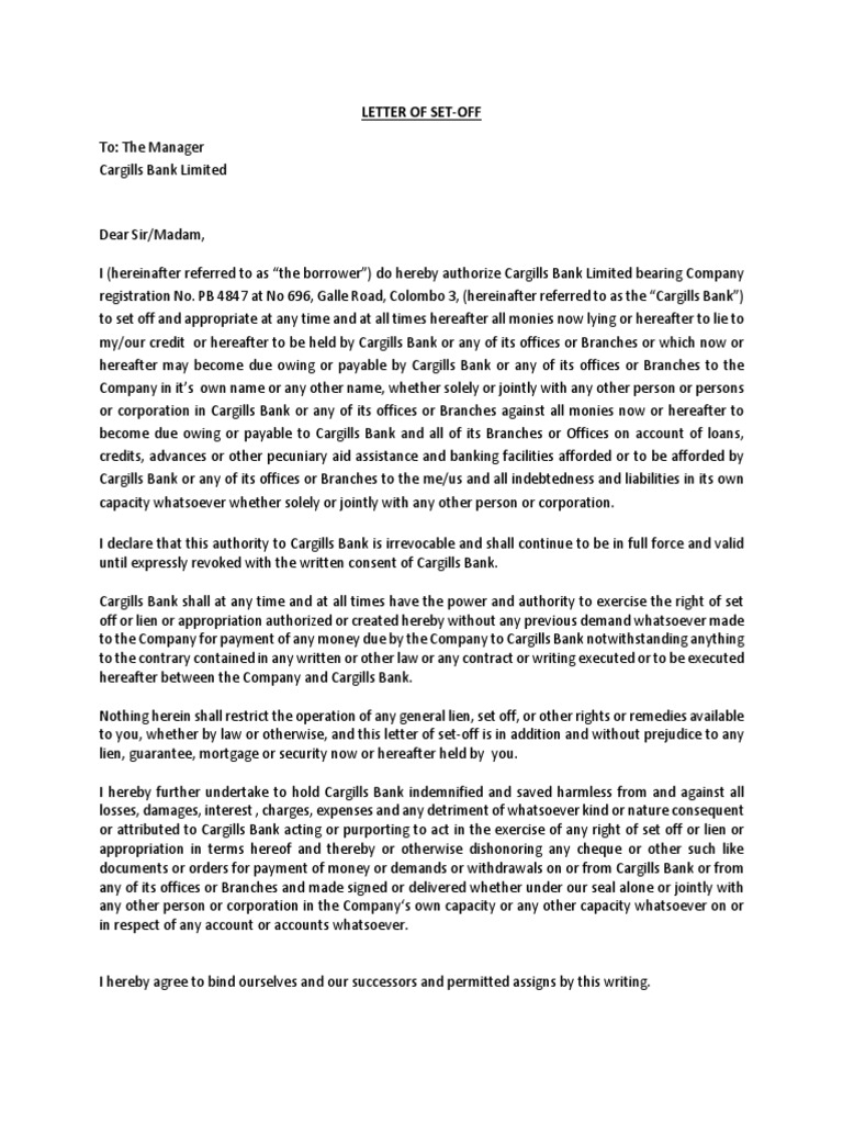 Letter of Set Off | PDF | Indemnity | Lien
