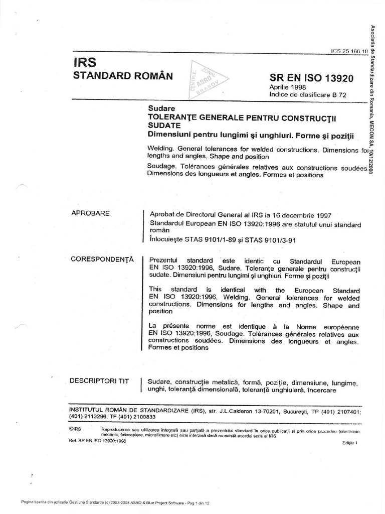 SR en ISO 13920 - Tolerante Gen - Sudura | PDF