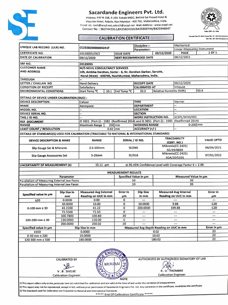 Vernier Caliper Calibration Certificate | PDF | Calibration ...