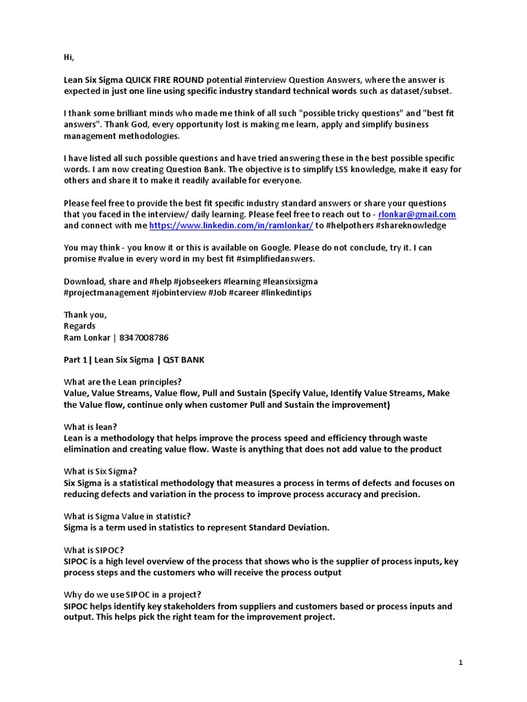 Lean Six Sigma - Quick Fire Interview Question Answers PDF | PDF ...