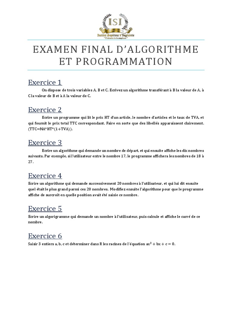 Examen Final D'algorithme Et Programmation | PDF | Méthodes et références pédagogiques