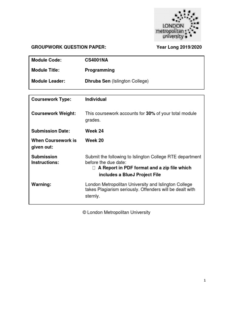 CS4001NI - Programming Y19 Autumn (1st Sit) CW2 QP PDF | PDF | Academic Dishonesty | Error ...