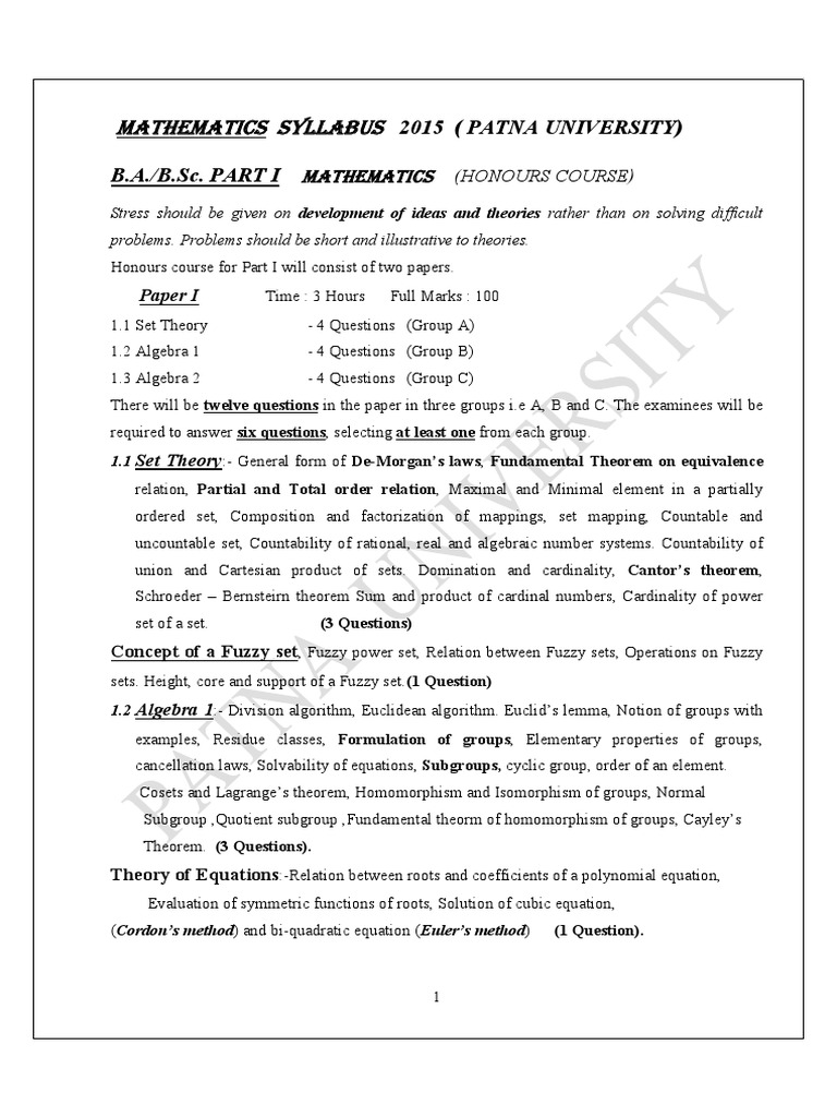 Mathematics Syllabus: 2015 (Patna University) B.A./B.Sc. PART I | PDF ...