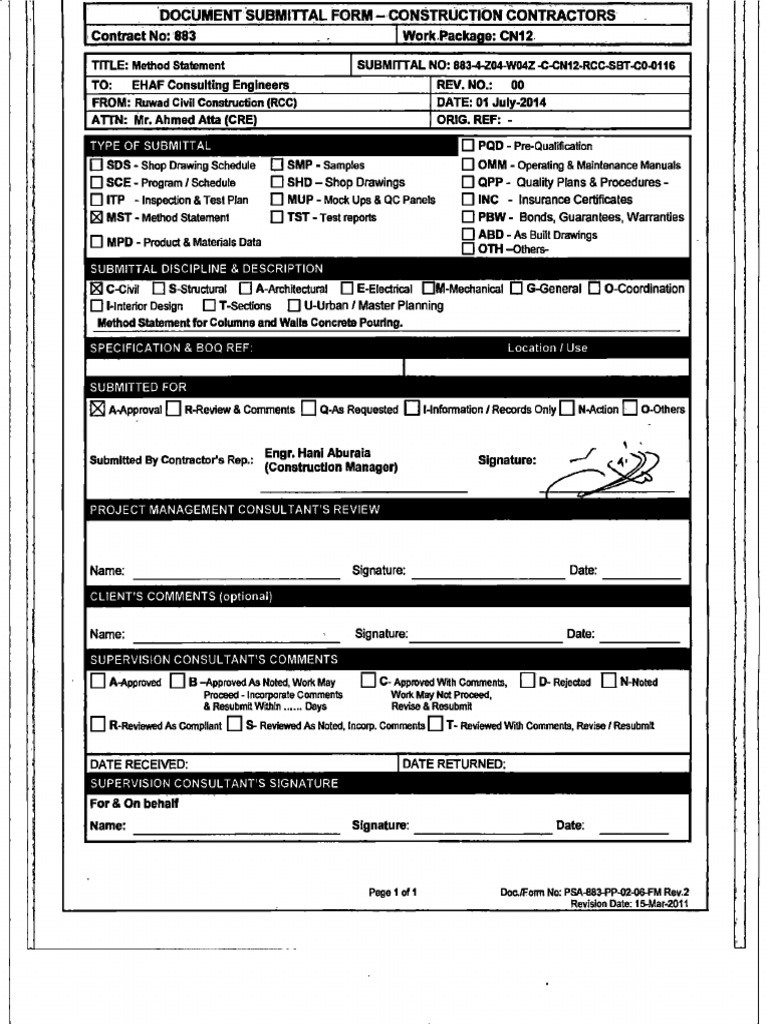 Method Statement for Columns and Wall Concrete Pouring | PDF | Economic ...
