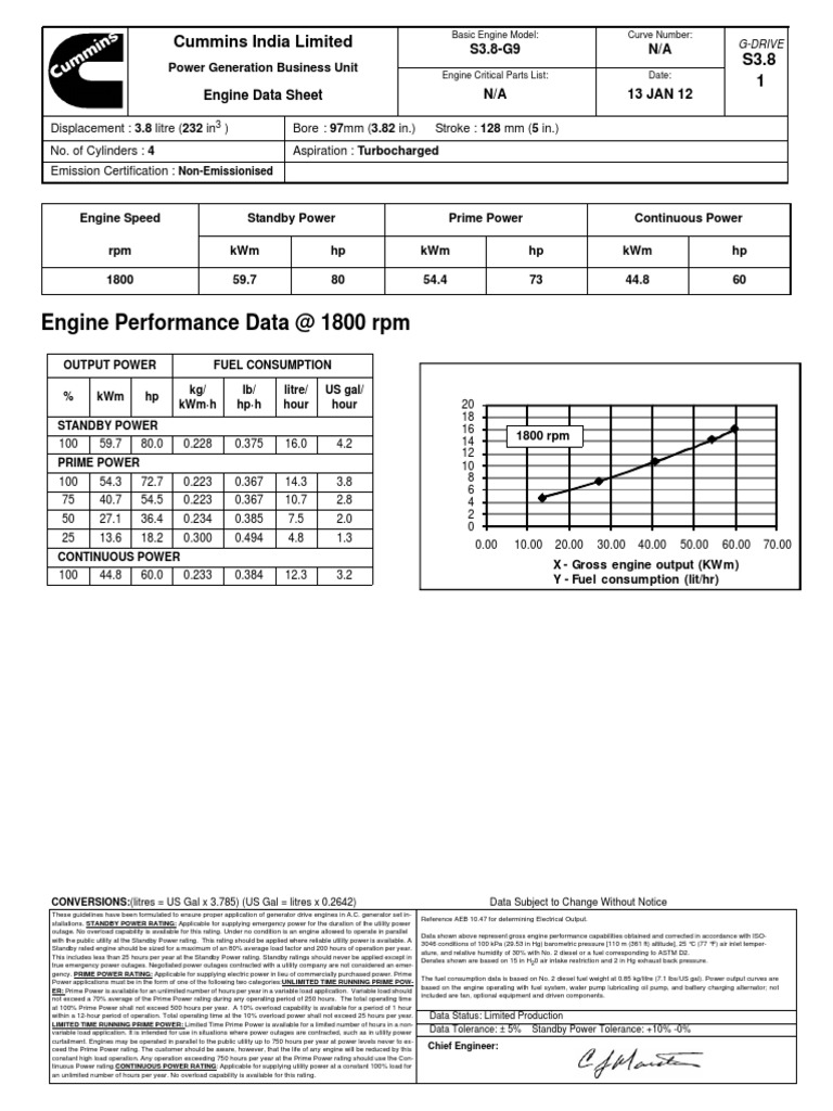 Engine Performance Data at 1800 RPM: X3.3 1 Cummins India Limited S3.8 ...