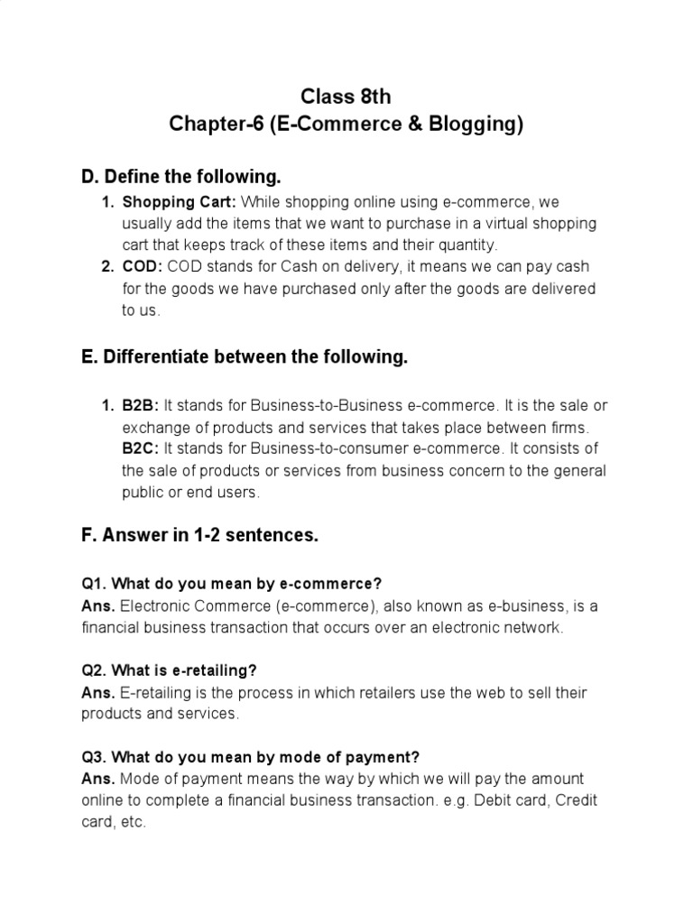 Class 8th Chapter-6 (E-Commerce & Blogging) : D. Define The Following | PDF | E Commerce ...