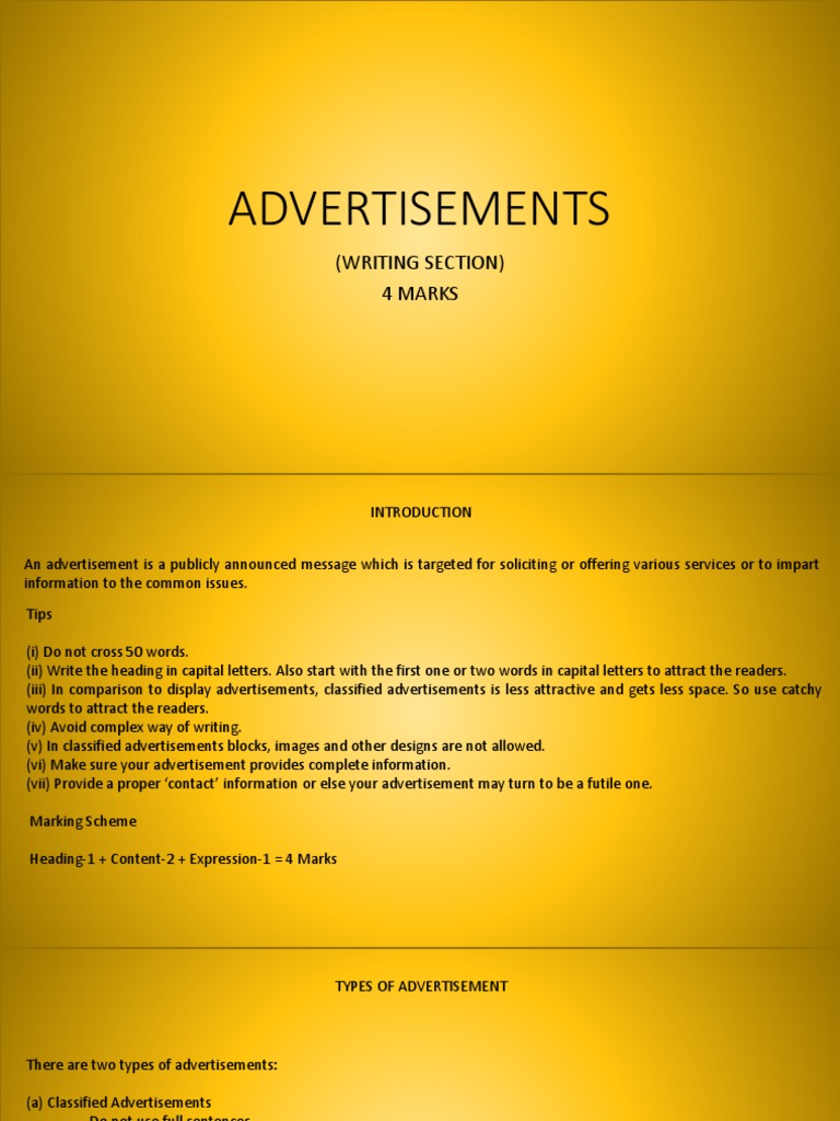 Advertisements: (Writing Section) 4 Marks | PDF | Advertising | Business