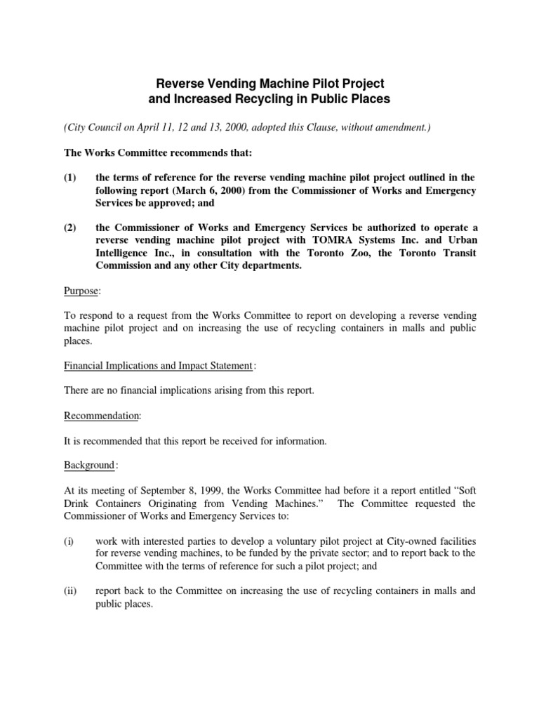 Reverse Vending Machine Pilot Project | PDF | Recycling | Waste