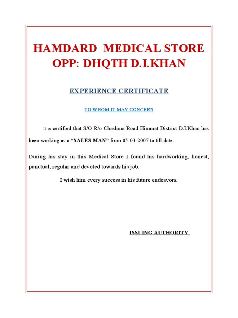 Hamdard Medical Store Experience Certificate 14 | PDF