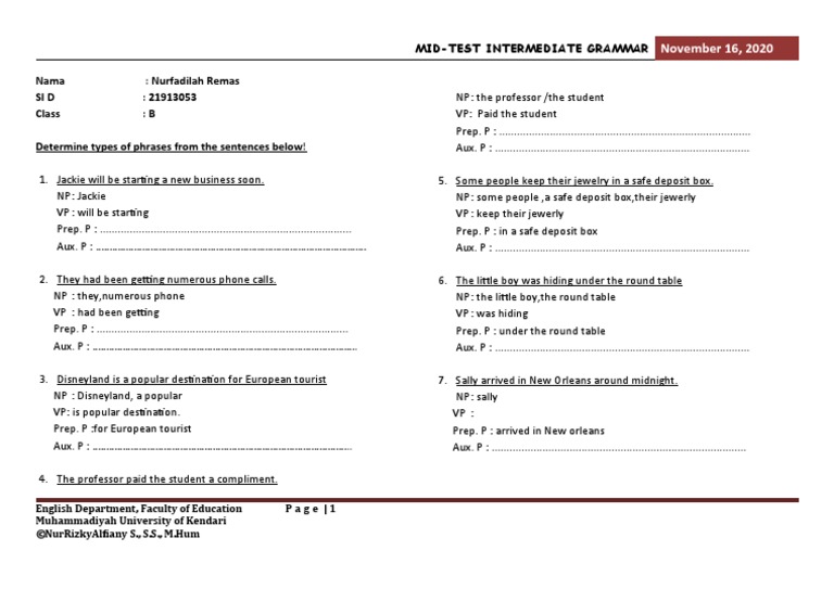 Mid-Test Intermediate Grammar Nama: Nurfadilah Remas SID: 21913053 ...