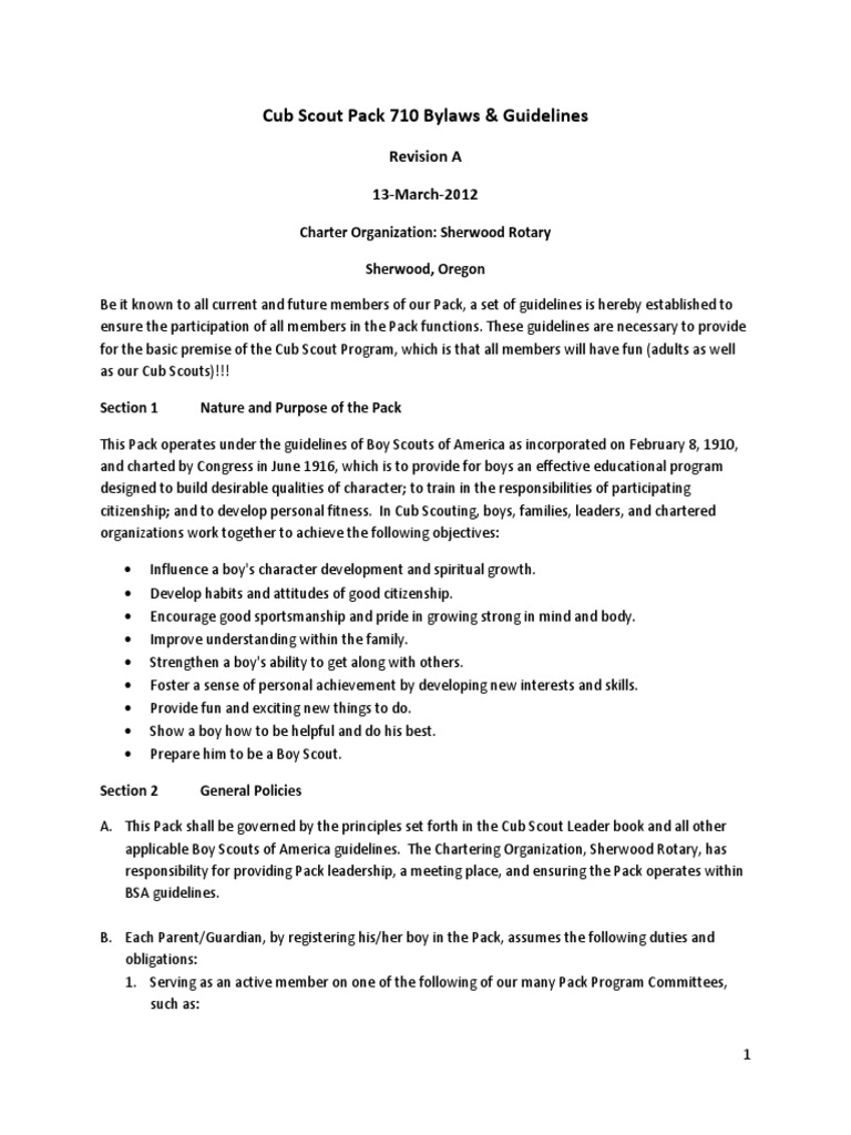 Cub Scout Pack 710 Bylaws and Guidelines | PDF | Boy Scouts Of America ...