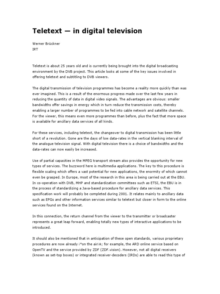 Teletext - in Digital Television | PDF | Network Packet | Electronic ...