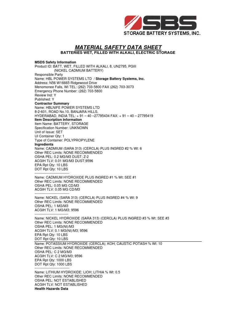 Material Safety Data Sheet Sbsbattery Com | PDF