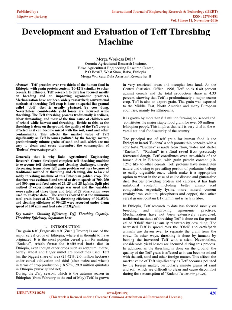 Development and Evaluation of Teff Threshing Machine IJERTV5IS110250 ...