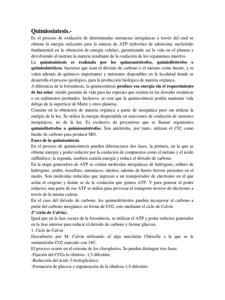 Quimiosintesis Resumen | PDF | Bioquímica | Química