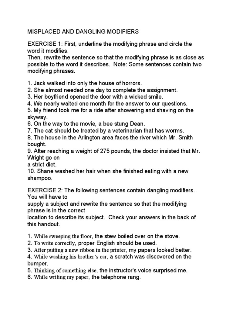 Misplaced and Dangling Modifiers Practice 3 | PDF