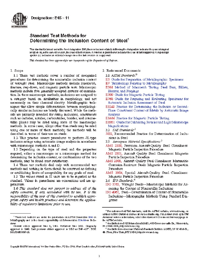 ASTM E45 2011 Standard Test Methods For Determining The Inclusion ...